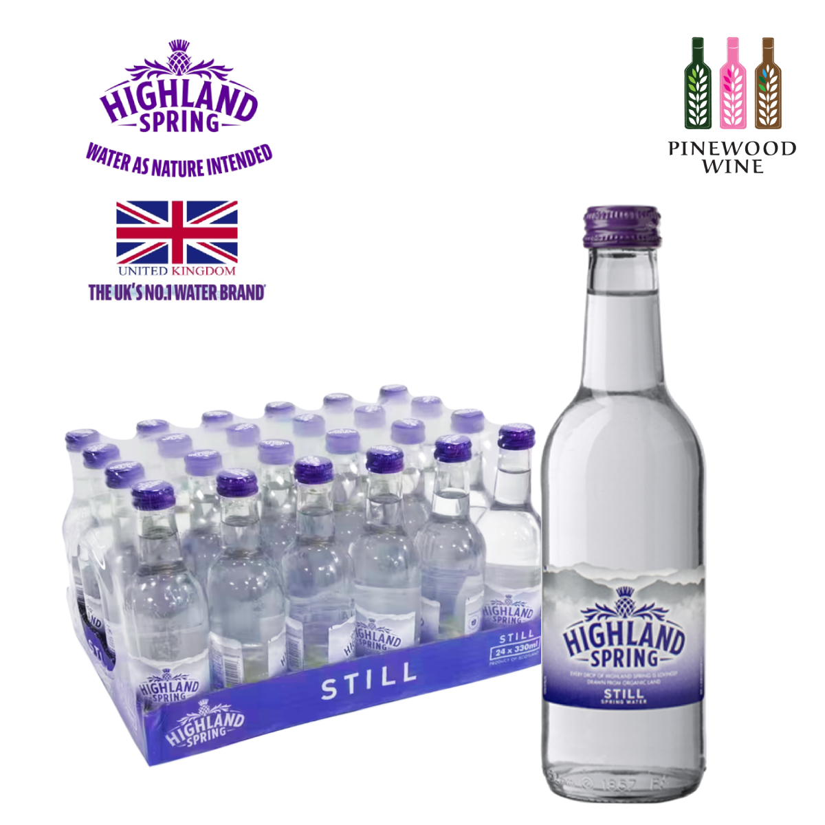 Highland Spring Still Water Glass Bottle 330ml (24 Bottles) – Pinewood Wine
